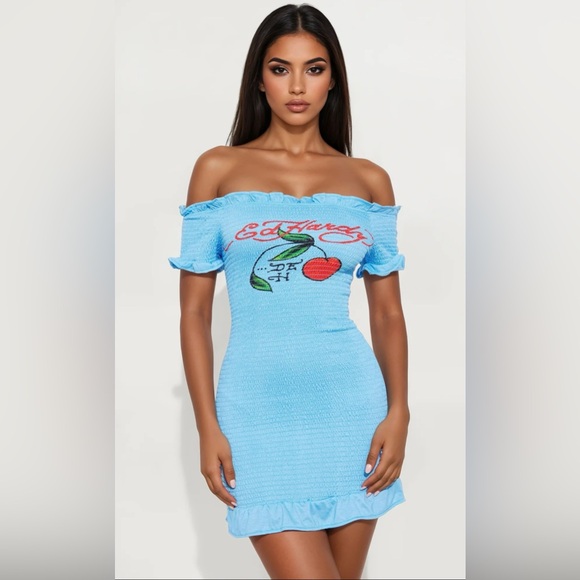 Ed Hardy | Dresses | Ed Hardy Light Blue Offshoulder Dress With Cherry ...